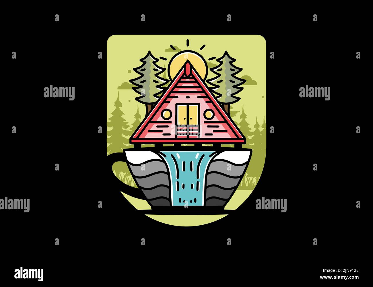 Illustration badge design of a Wood cabin and pine trees on the coffee ...