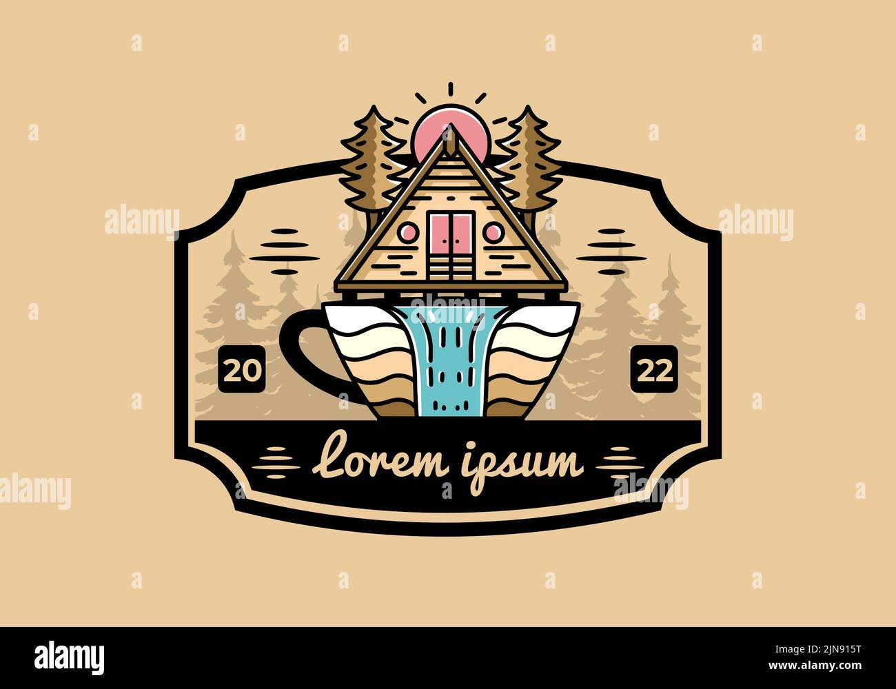 Illustration badge design of a Wood cabin and pine trees on the coffee ...