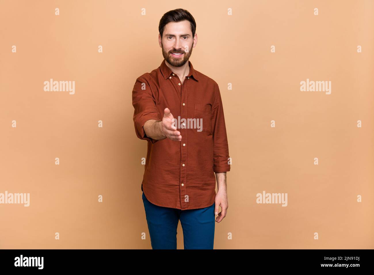 Photo of cheerful satisfied person arm palm give handshake camera you ...