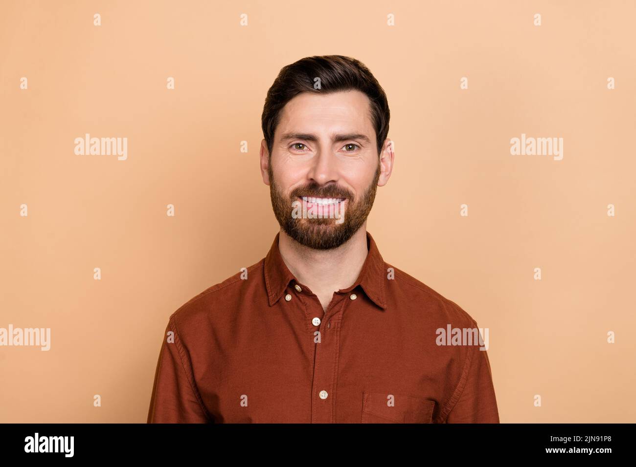 Photo of satisfied candid person toothy beaming smile look camera ...