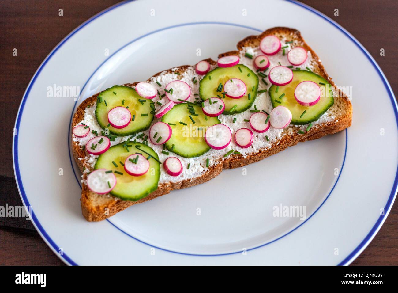 radish, cucumber and soft cheese summer toast on a plate Stock Photo ...
