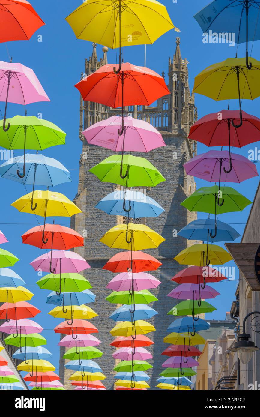 Colourful umbrellas on Church St Cardiff. Credit: Phillip Roberts Stock ...
