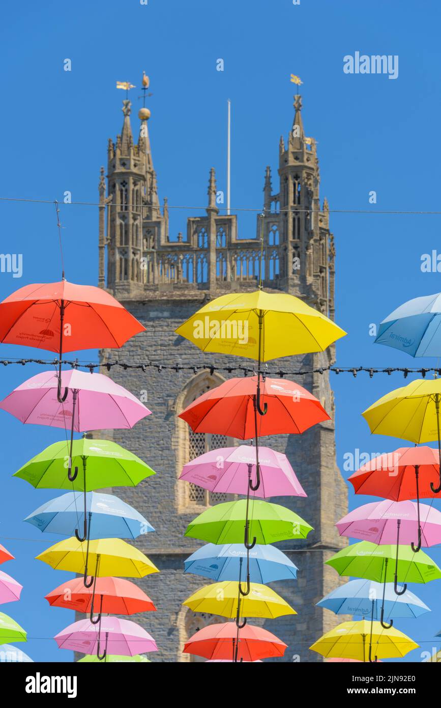 Colourful umbrellas on Church St Cardiff. Credit: Phillip Roberts Stock ...
