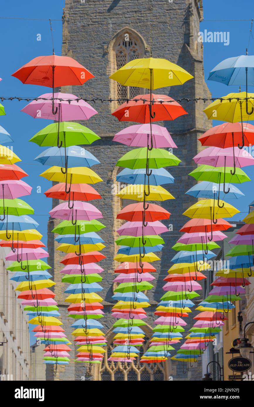 Colourful umbrellas on Church St Cardiff. Credit: Phillip Roberts Stock ...