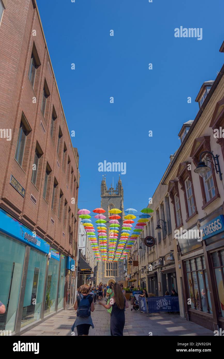 Colourful umbrellas on Church St Cardiff. Credit: Phillip Roberts Stock ...