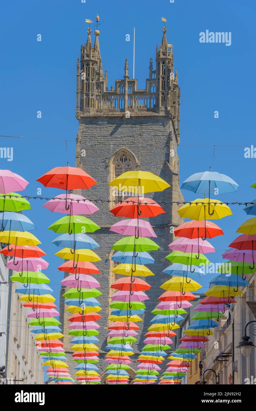 Colourful umbrellas on Church St Cardiff. Credit: Phillip Roberts Stock ...