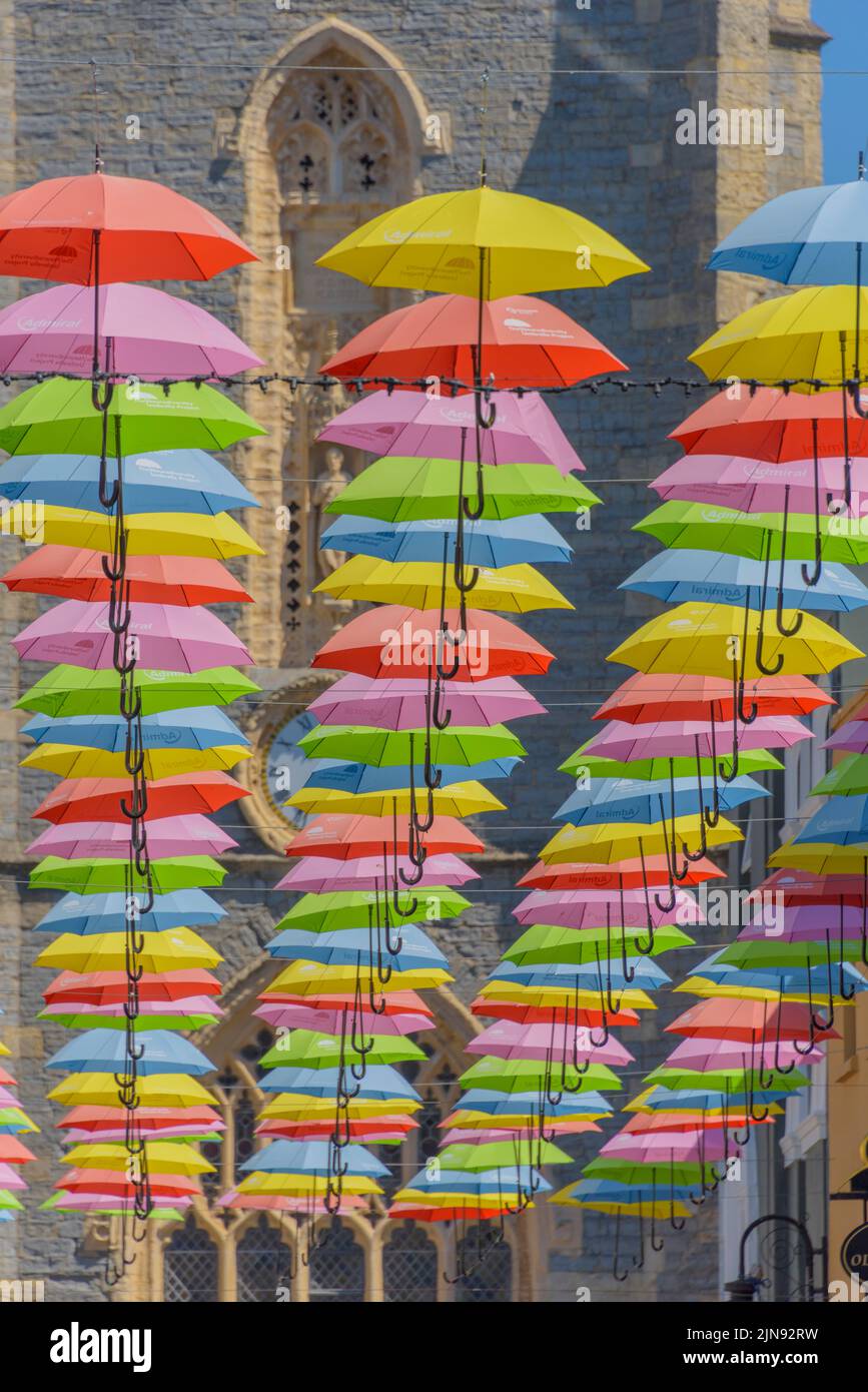 Colourful umbrellas on Church St Cardiff. Credit: Phillip Roberts Stock ...