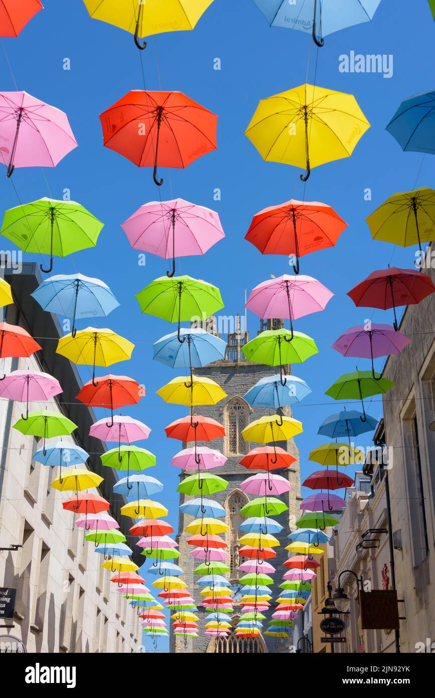 Colourful umbrellas on Church St Cardiff. Credit: Phillip Roberts Stock ...