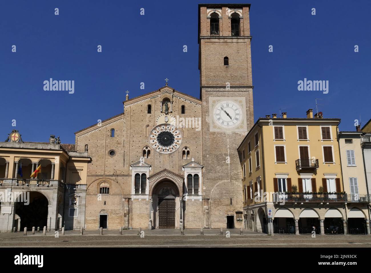 Dome facade and bells tower in the center of Lodi, Lombardy, Italy ...