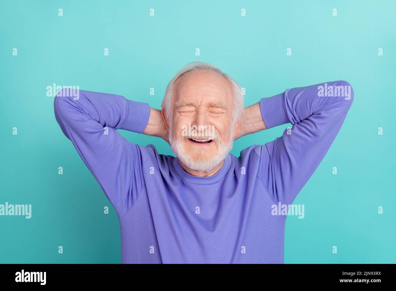Portrait of positive nice person closed eyes hands behind head take nap ...