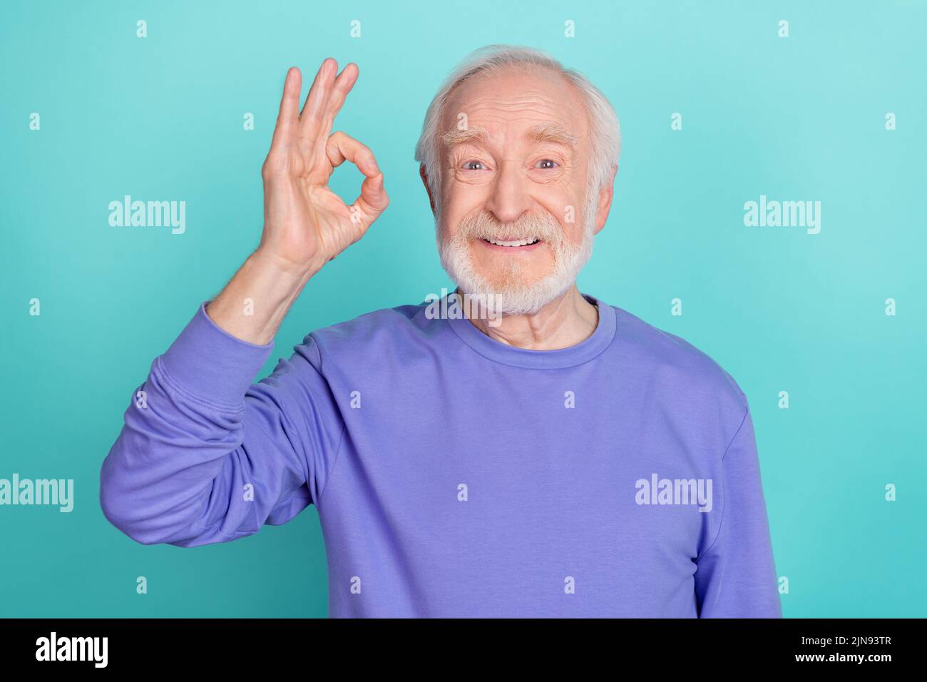 Portrait of positive friendly person hand fingers demonstrate okey ...