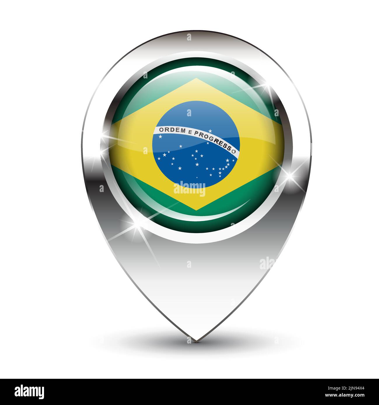 Brazilian flag on glossy map pin, against white background with shadow ...