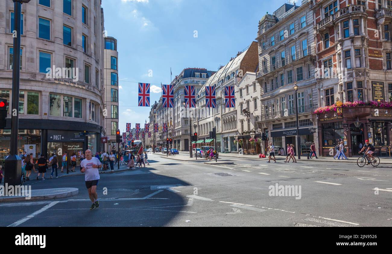 A street scene in the West End of London,England,UK with Union Jack ...