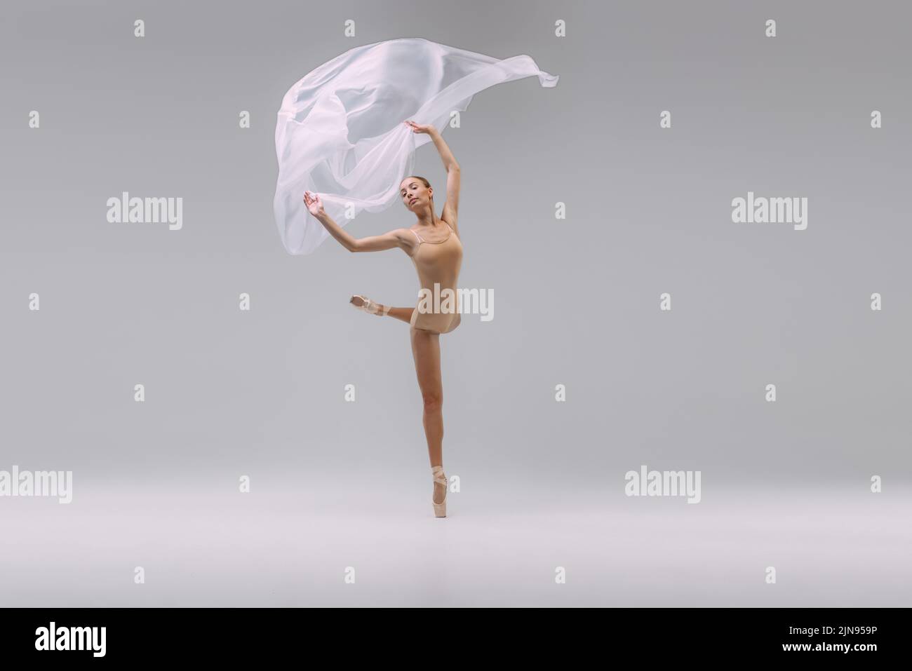 Portrait of young beautiful ballerina dancing with transparent fabric ...