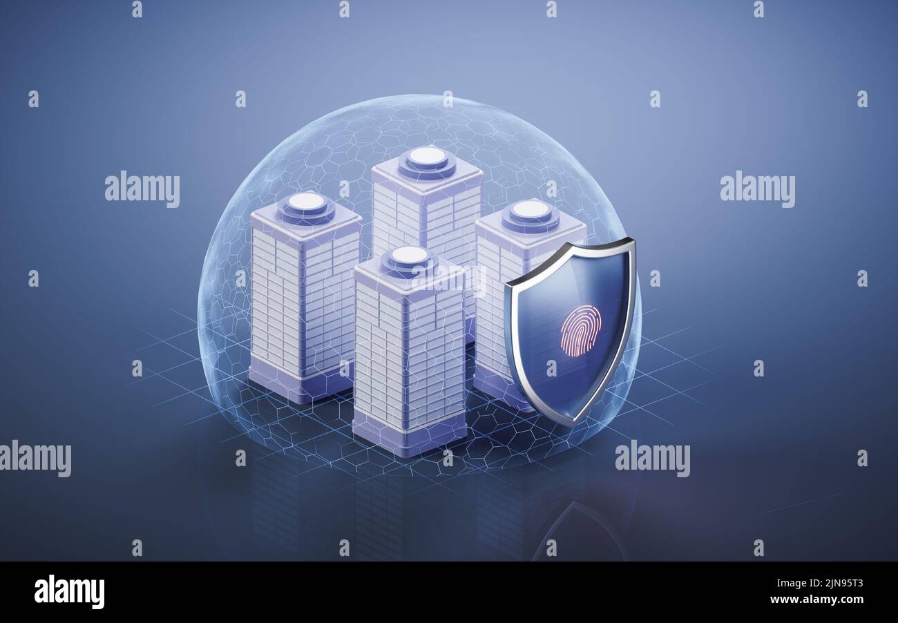 City building with shield, 3d rendering. Computer digital drawing Stock ...