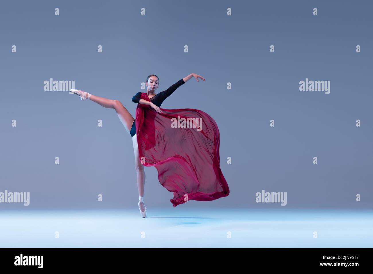Portrait of young ballerina dancing with deep red transparent fabric ...