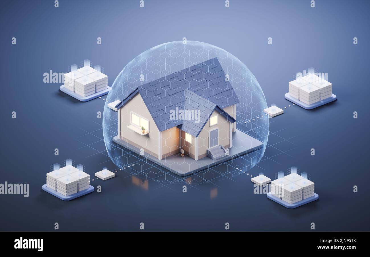 Residential house with shield, 3d rendering. Computer digital drawing ...