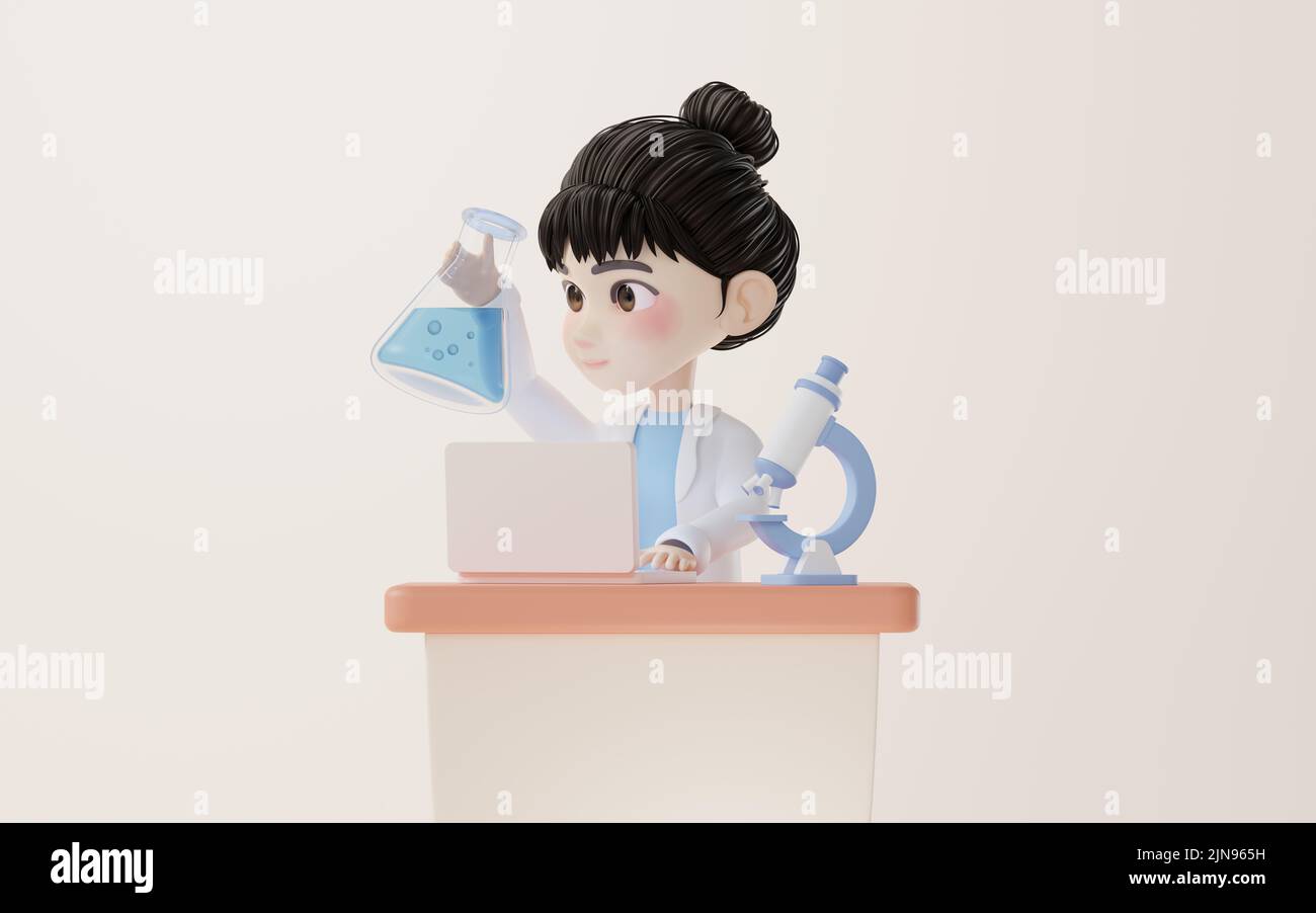 3D cartoon female analyst with chemical vessel, 3d rendering. Computer ...