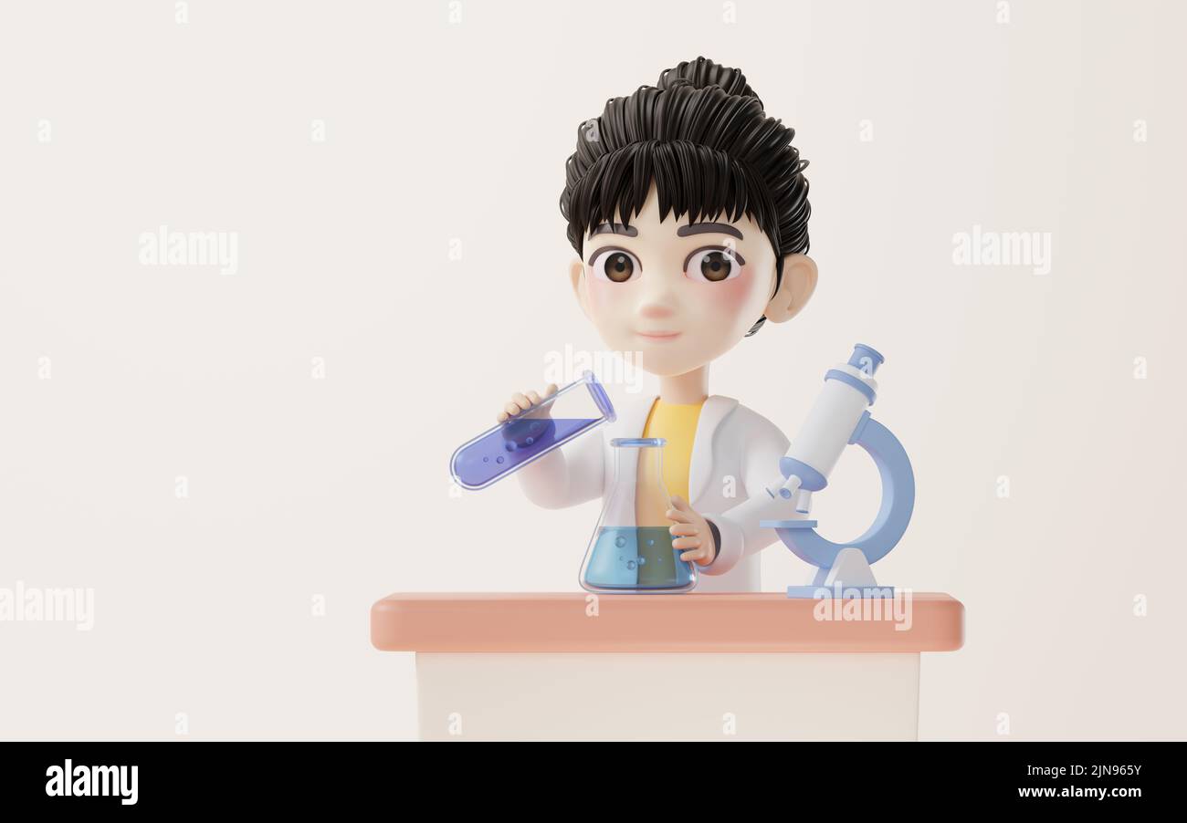 3D cartoon female analyst with chemical vessel, 3d rendering. Computer ...