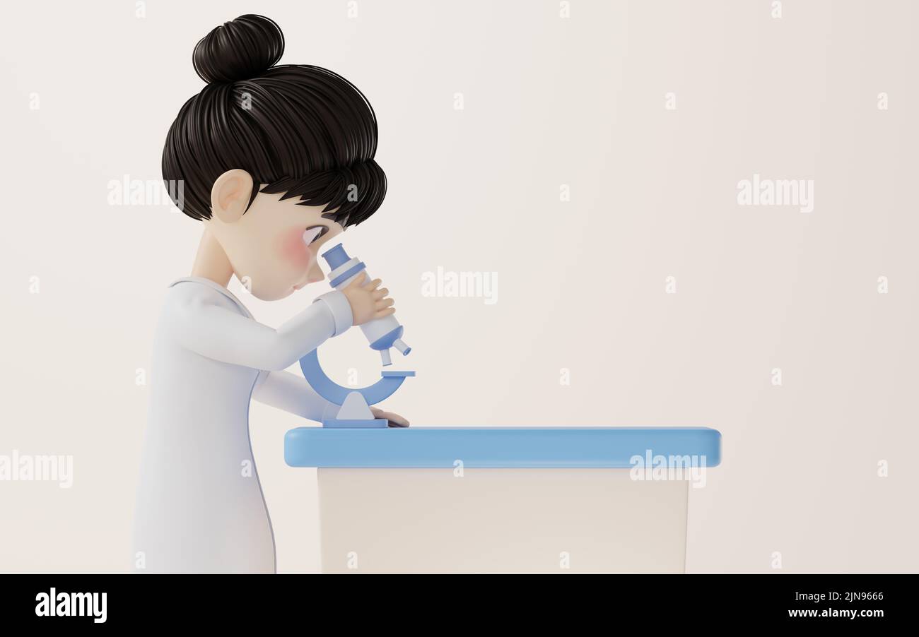 3D cartoon female researcher and microscope, 3d rendering. Computer ...