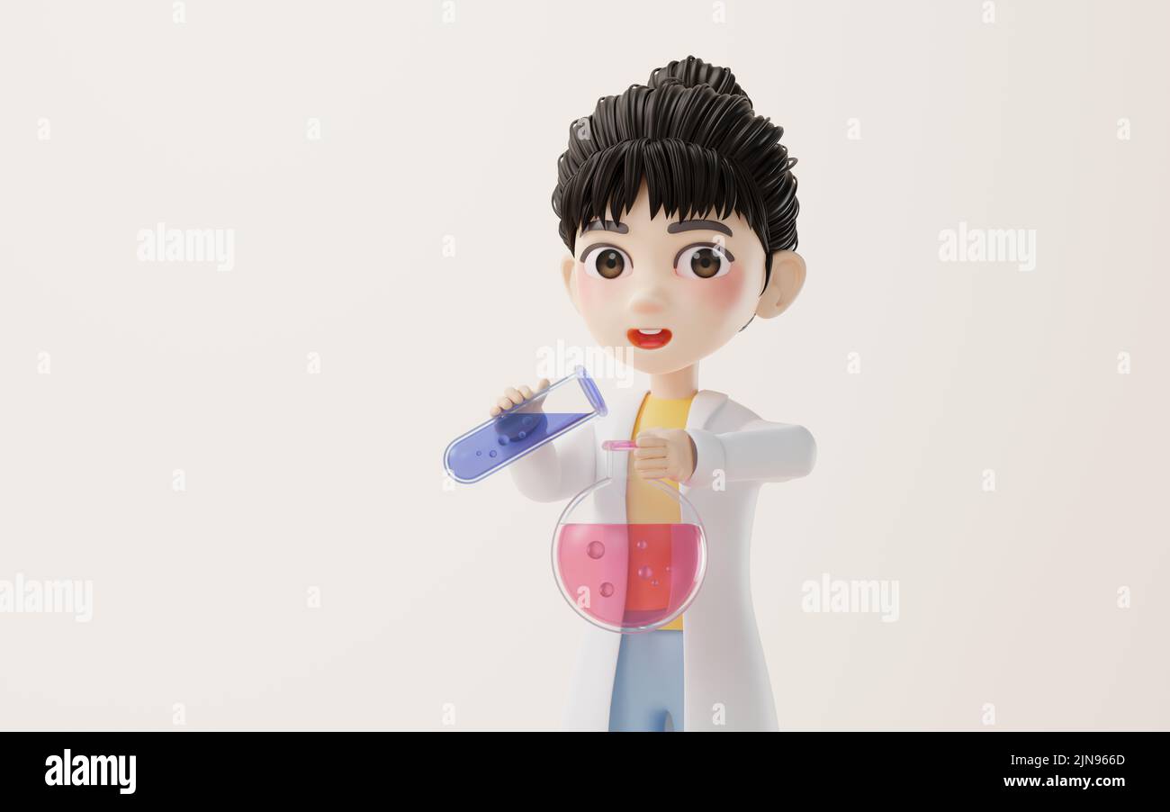 3D cartoon female analyst with chemical vessel, 3d rendering. Computer ...