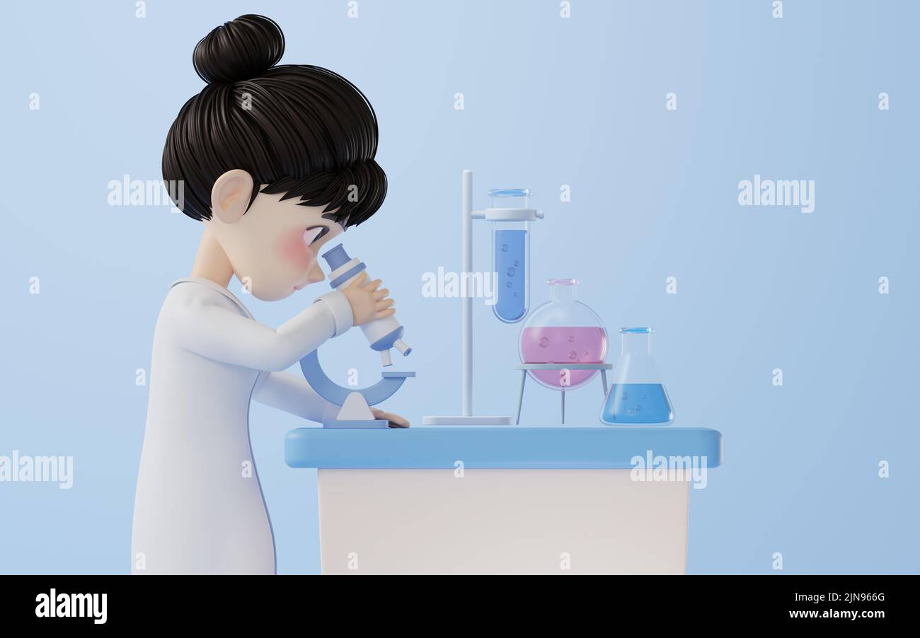 3D cartoon female researcher and microscope, 3d rendering. Computer ...