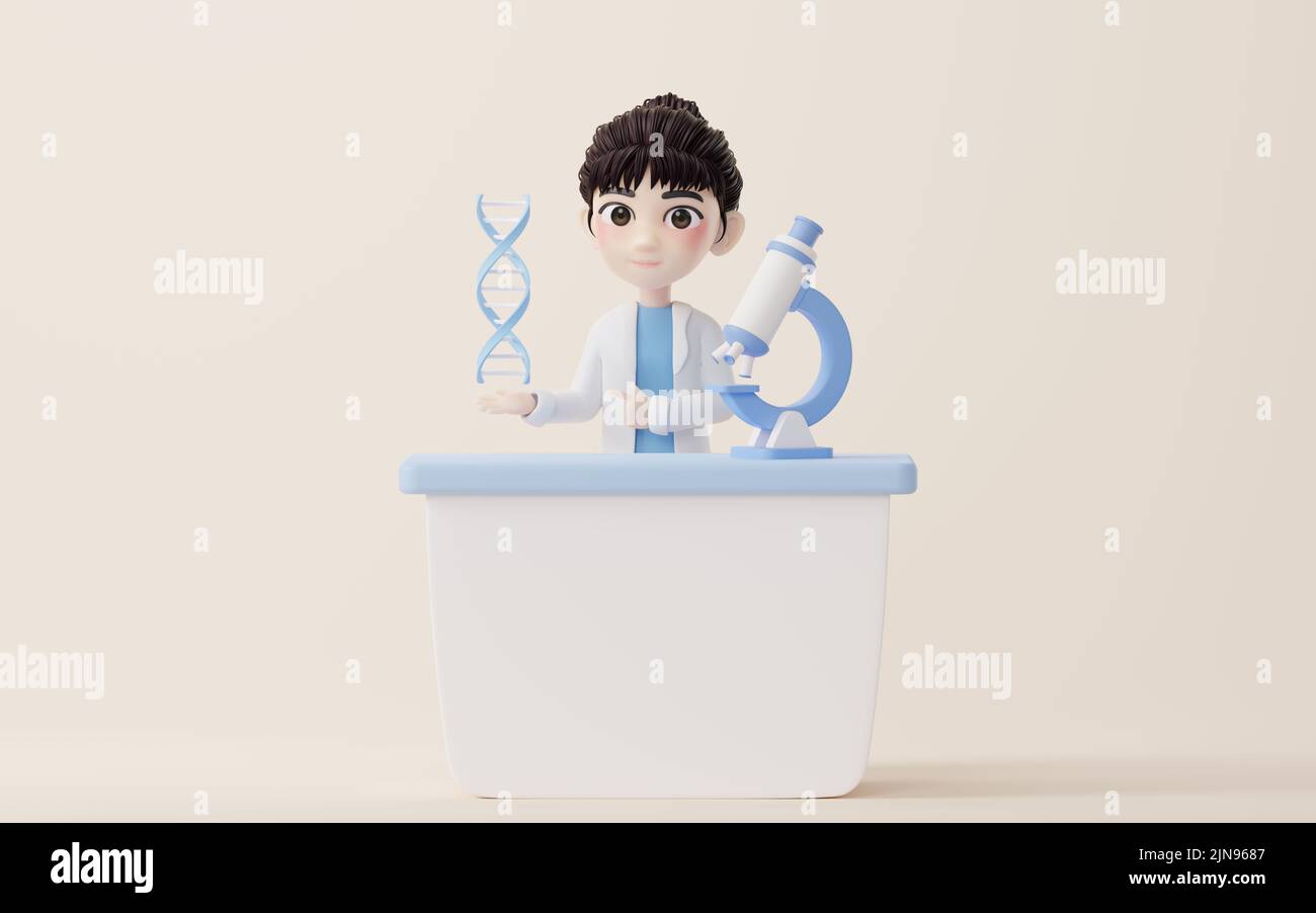 3D cartoon female researcher and DNA, 3d rendering. Computer digital ...