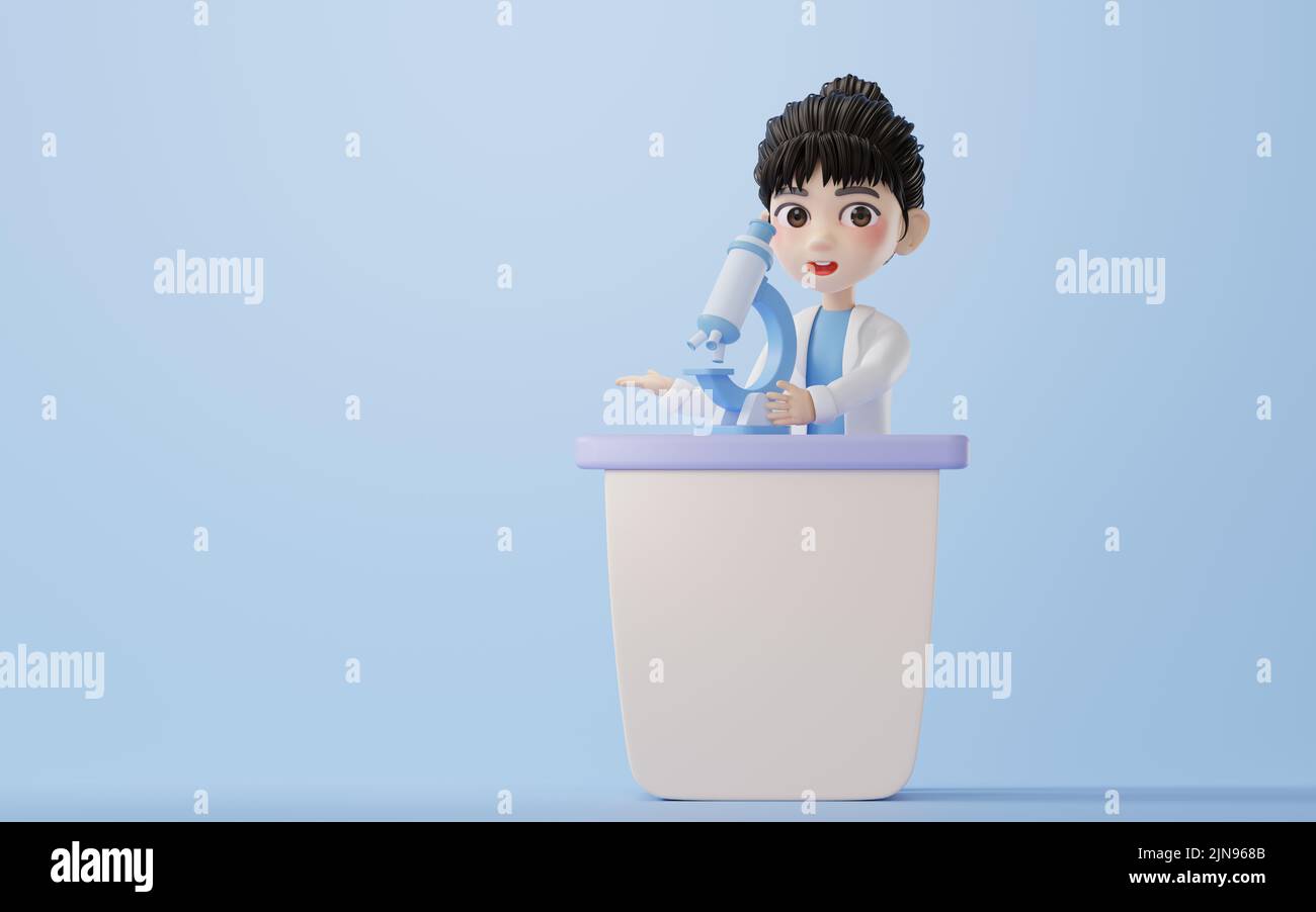 3D cartoon female researcher and microscope, 3d rendering. Computer ...