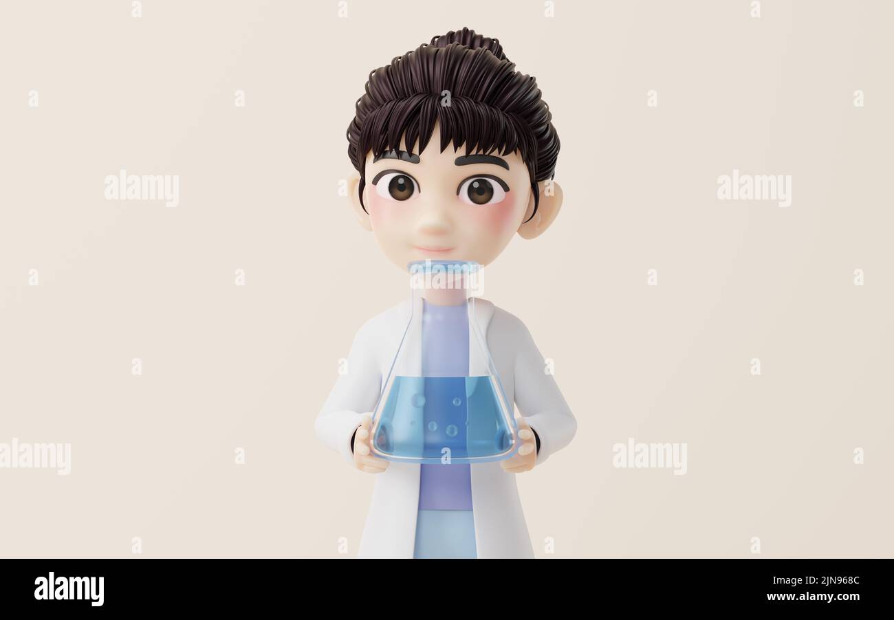 3D cartoon female analyst with chemical vessel, 3d rendering. Computer ...