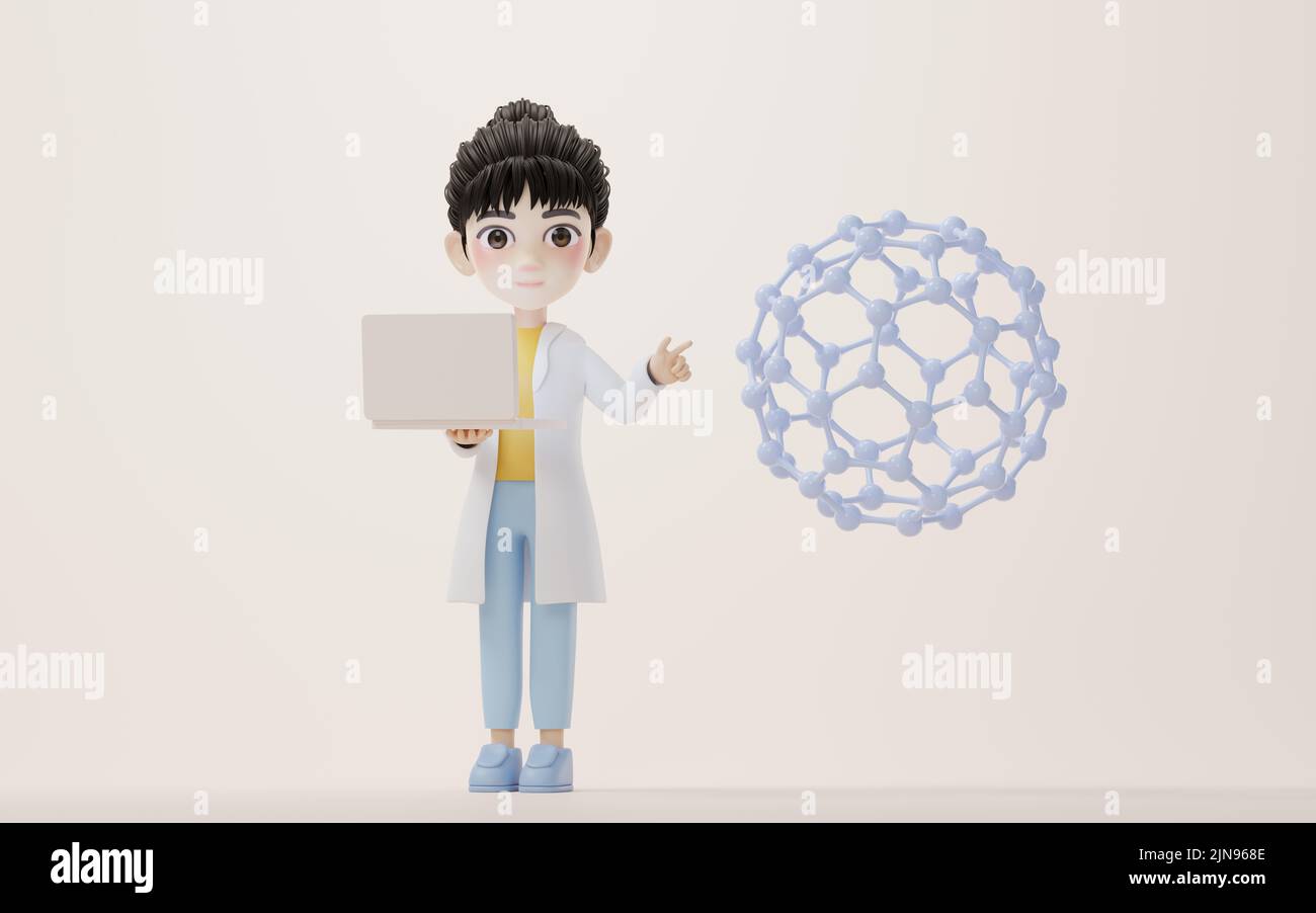 3D cartoon female researcher explain the molecule, 3d rendering ...