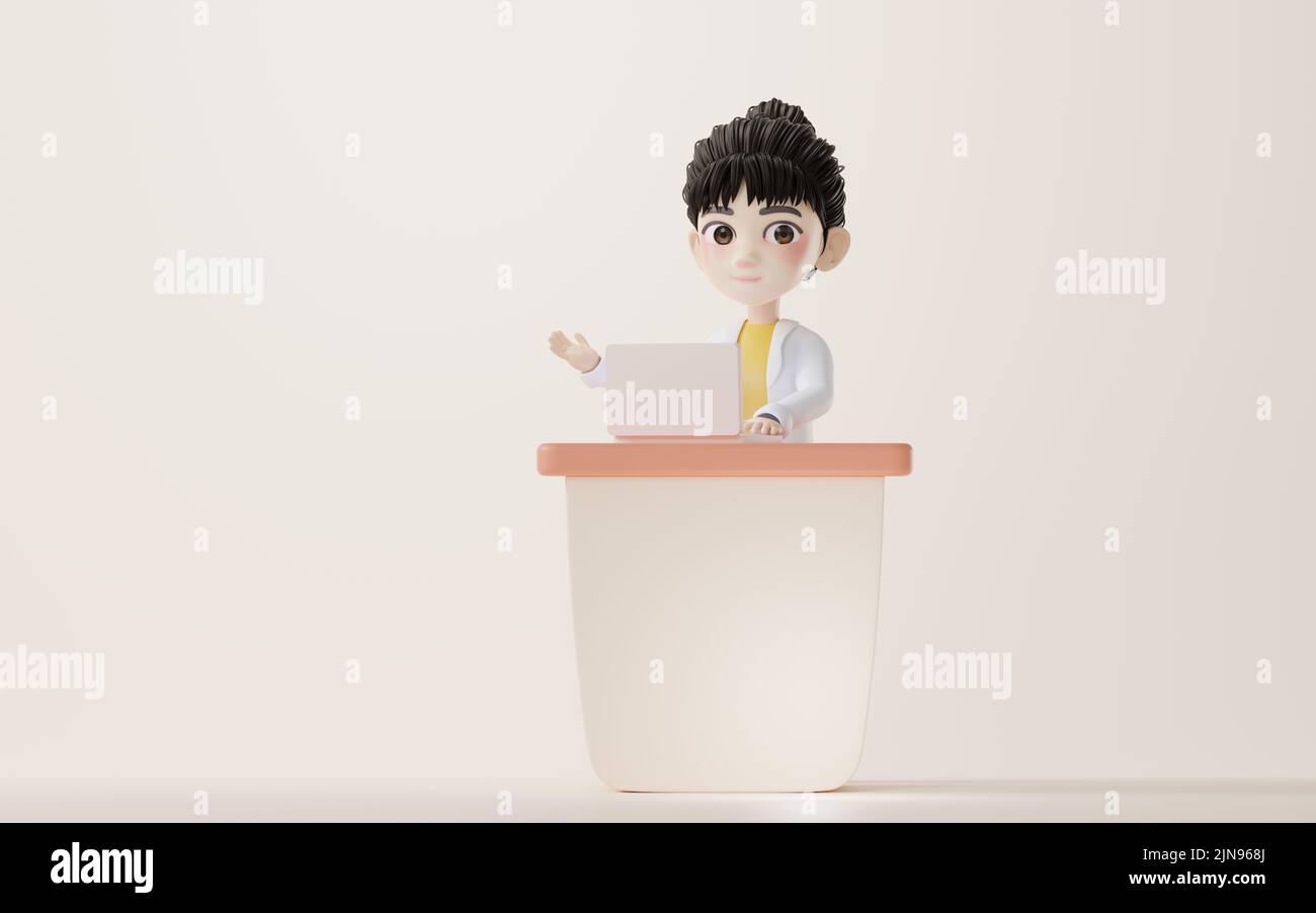 3D cartoon female researcher using computer, 3d rendering. Computer ...