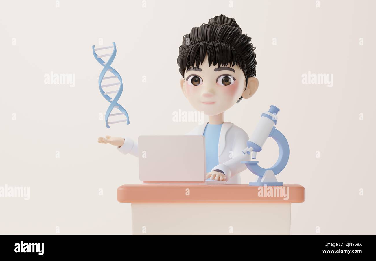 3D cartoon female researcher and DNA, 3d rendering. Computer digital ...