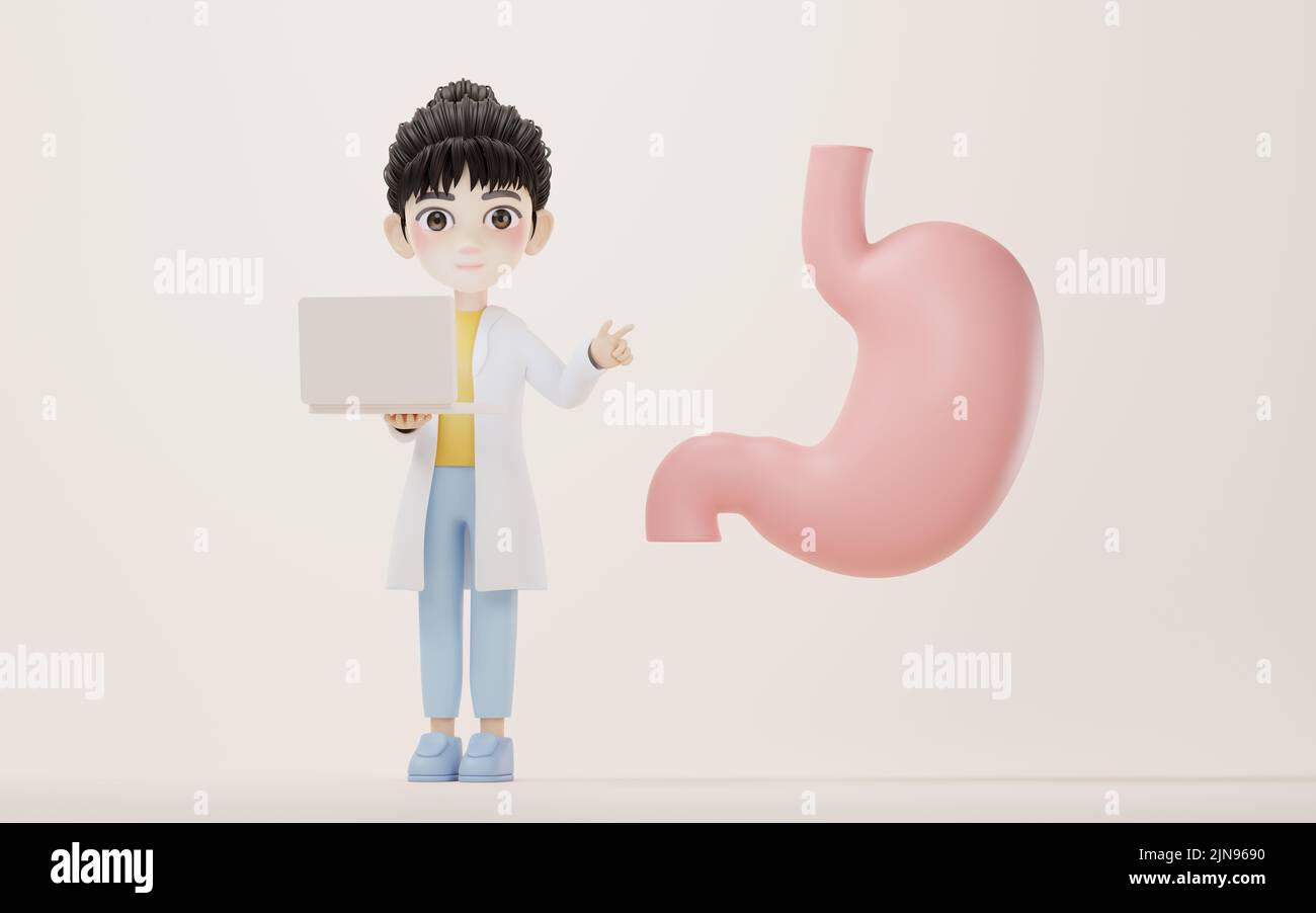 3D cartoon female researcher and the stomach, 3d rendering. Computer ...