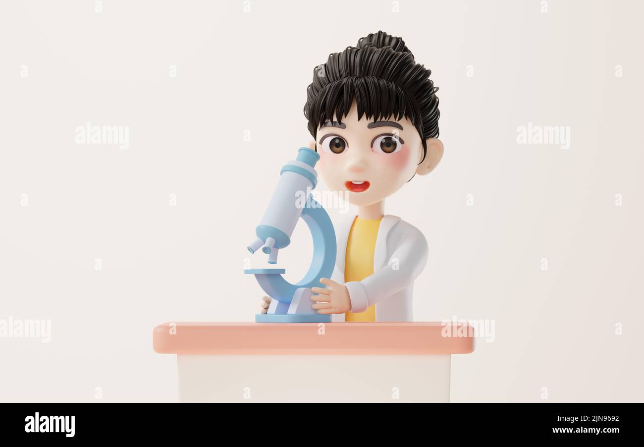 3D cartoon female researcher and microscope, 3d rendering. Computer ...