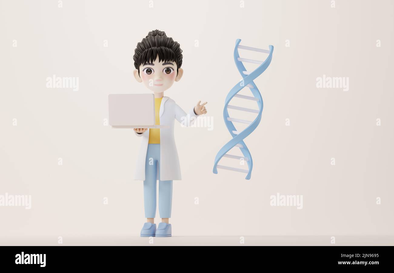 3D cartoon female researcher and DNA, 3d rendering. Computer digital ...