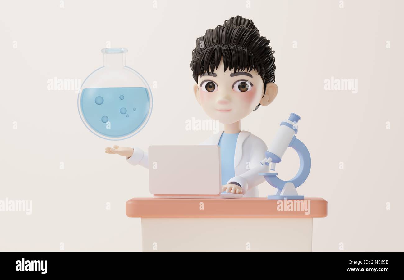 3D cartoon female analyst with chemical vessel, 3d rendering. Computer ...