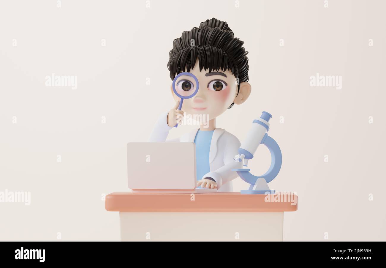 3D cartoon female researcher and microscope, 3d rendering. Computer ...