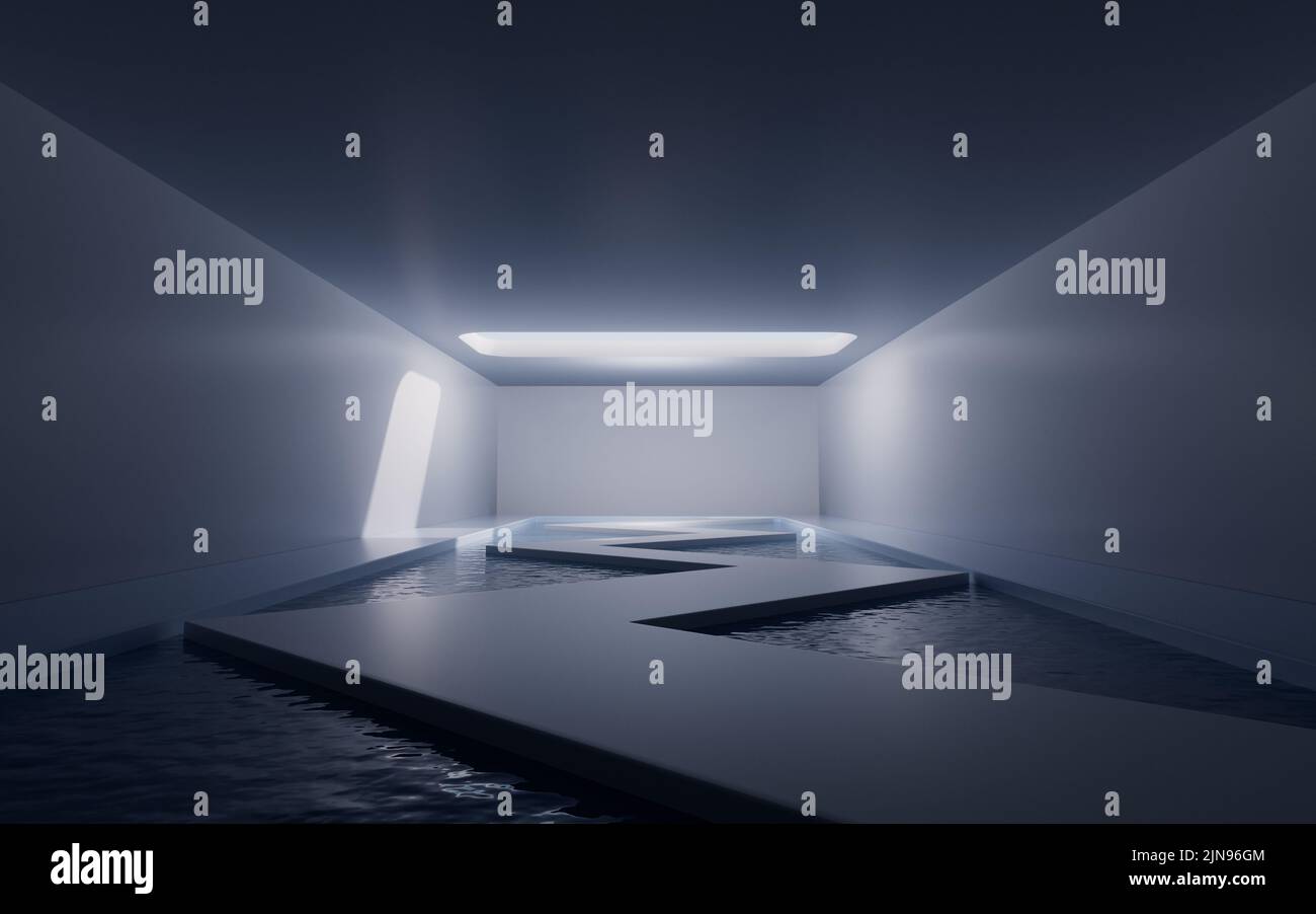Empty room with water inside, 3d rendering. Computer digital drawing ...