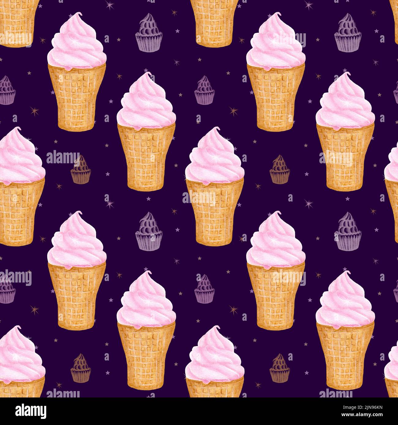 Watercolor ice cream in a crispy waffle cup. Seamless pattern with ice ...