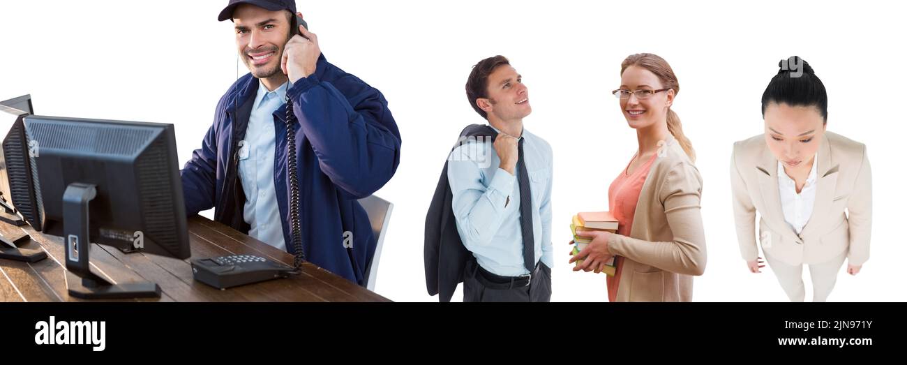 Multiple people of different professions against copy space on white ...