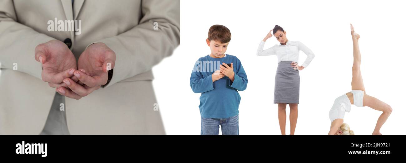 Multiple people of different professions against copy space on white ...