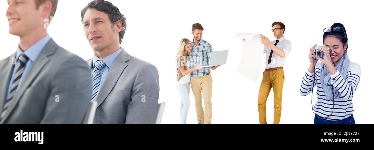 Multiple people of different professions against copy space on white ...