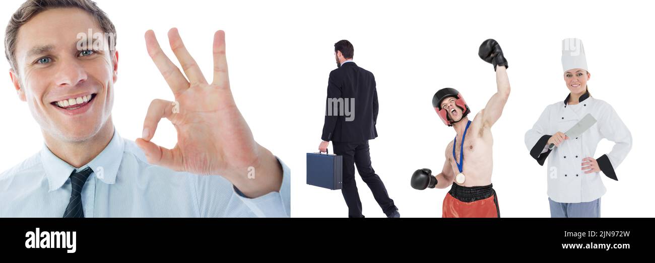 Multiple people of different professions against copy space on white ...