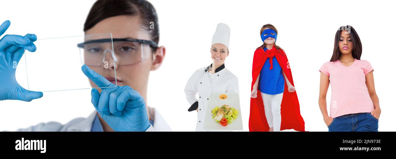 Multiple people of different professions against copy space on white ...