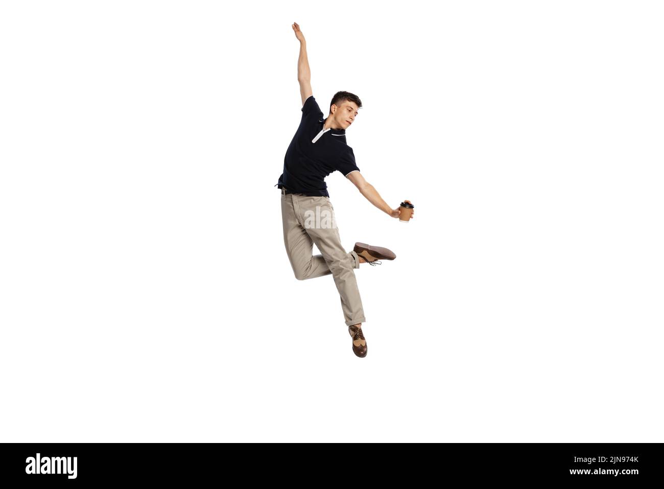 Happy man, young male office worker jumping isolated over white ...