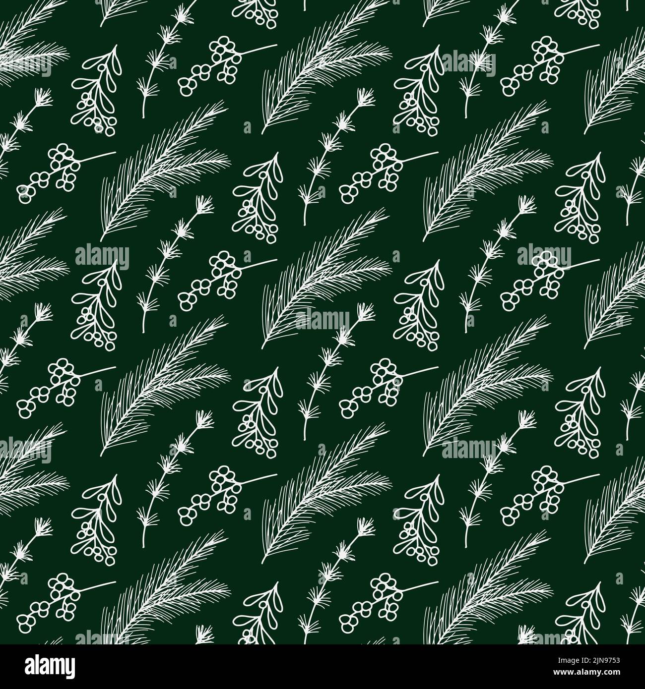 Vector pattern with spruce branch, berries, leaves in doodle style in a ...