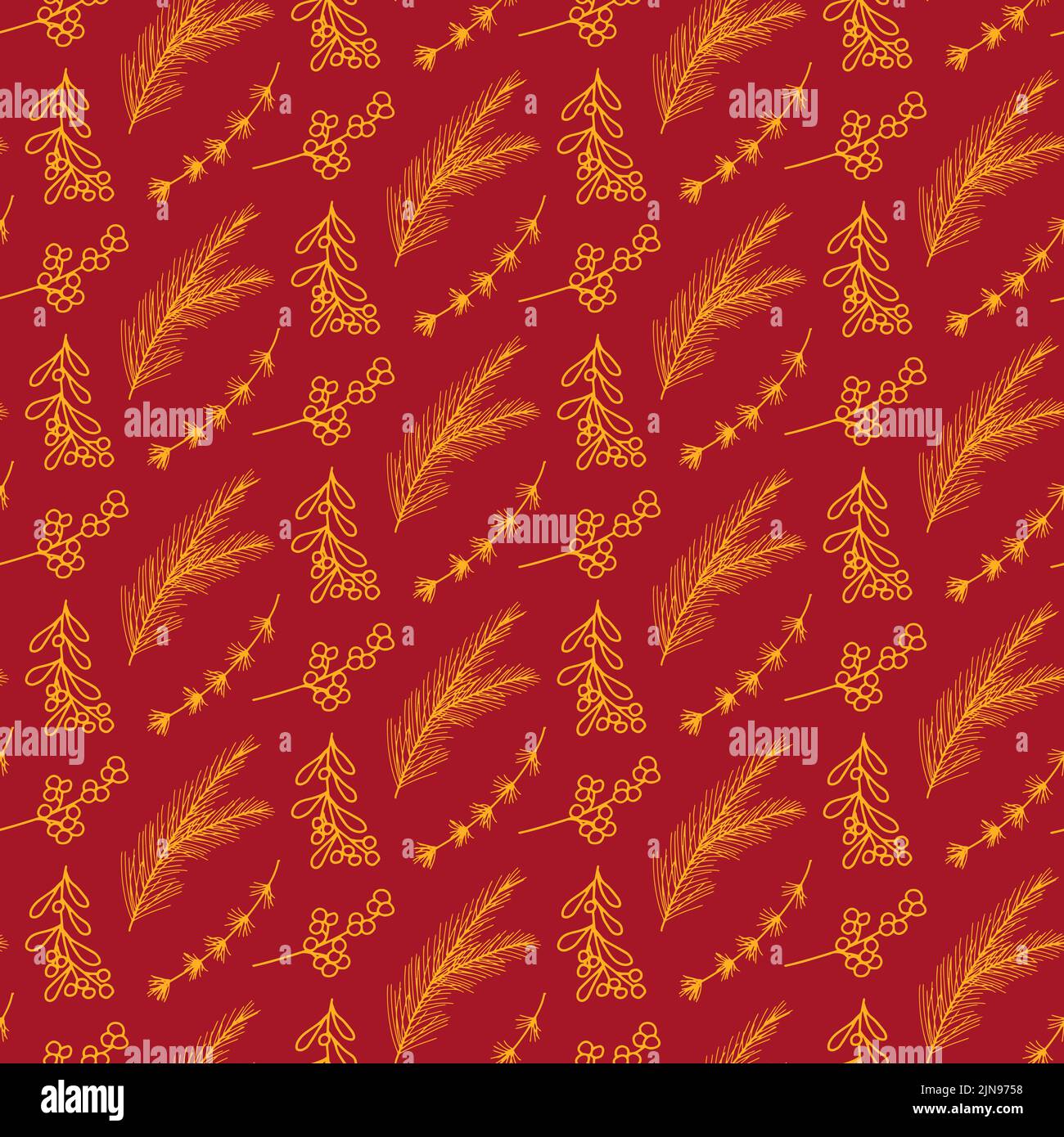 Vector pattern with spruce branch, berries, leaves in doodle style in a ...