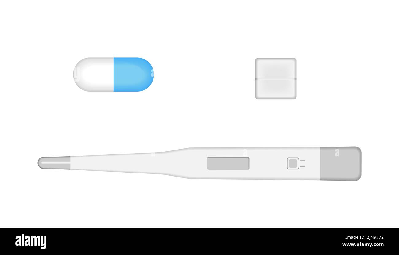 Electronic medical thermometers and pills. Vector illustration isolated on white. Medical ...