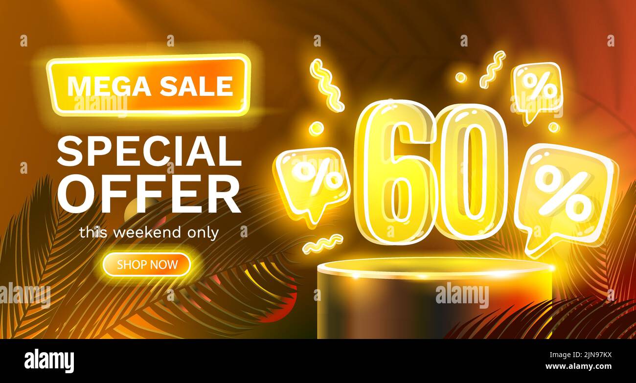 Mega sale special offer, Neon 60 off sale banner. Sign board promotion ...