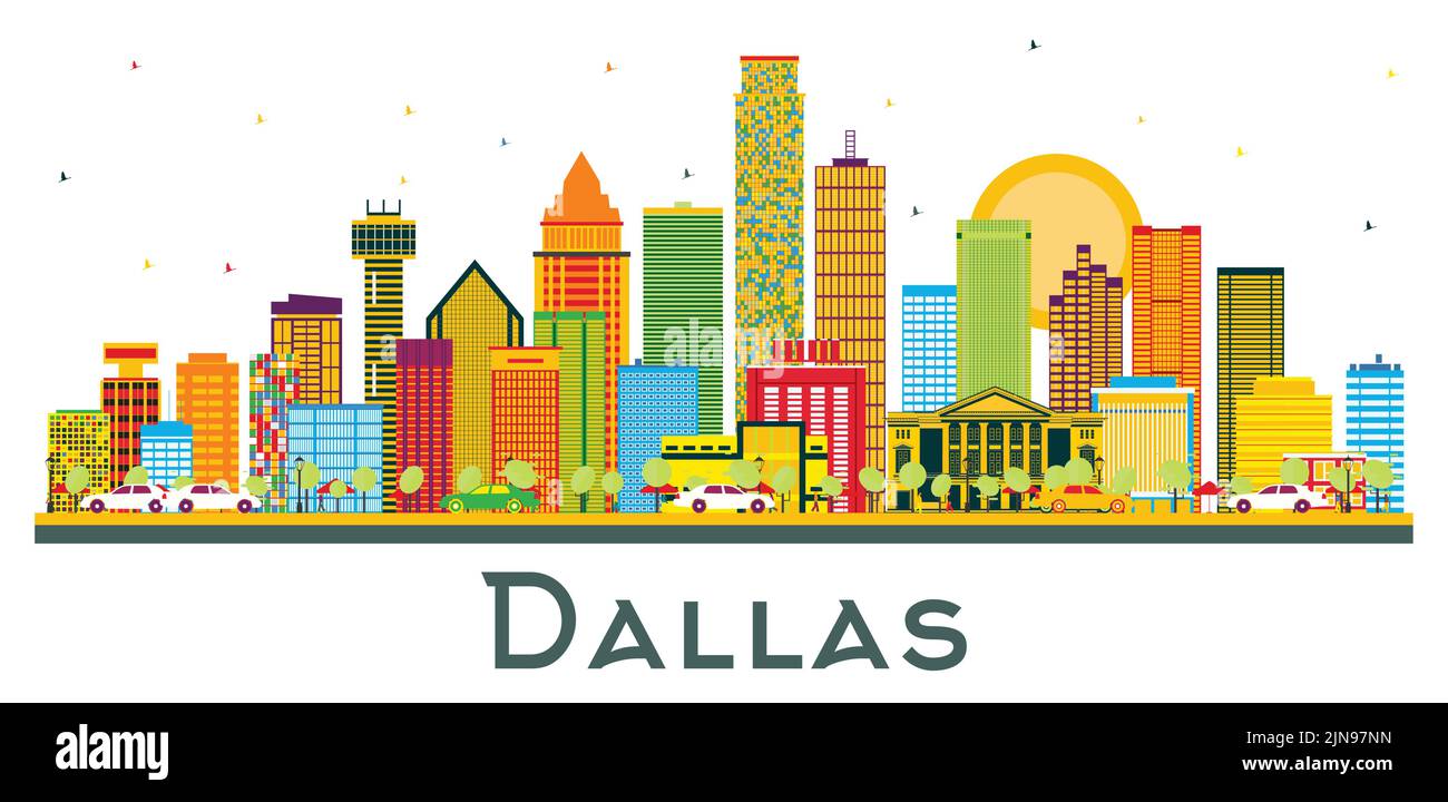 Dallas Texas USA City Skyline with Color Buildings and Blue Sky ...